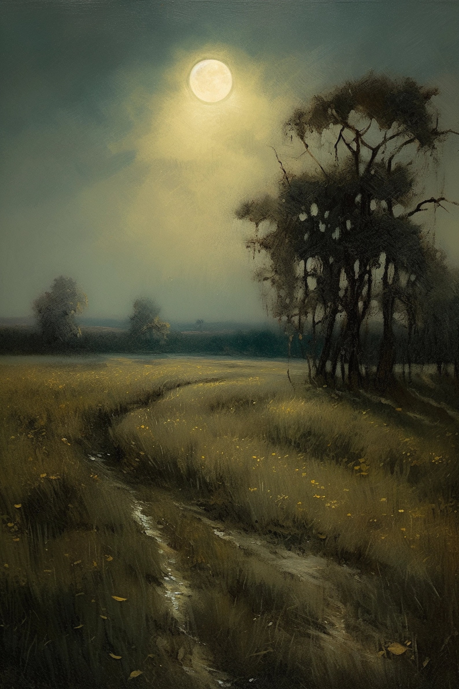 Vintage Moonlit Field Painting, Serene Countryside Landscape Under Moon ...