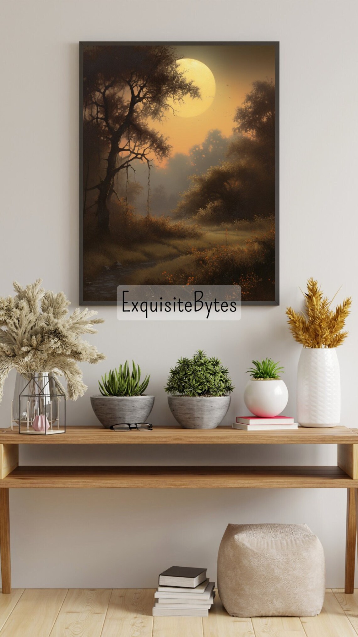 Vintage Moonlit Field Painting, Serene Countryside Landscape Under Moon ...