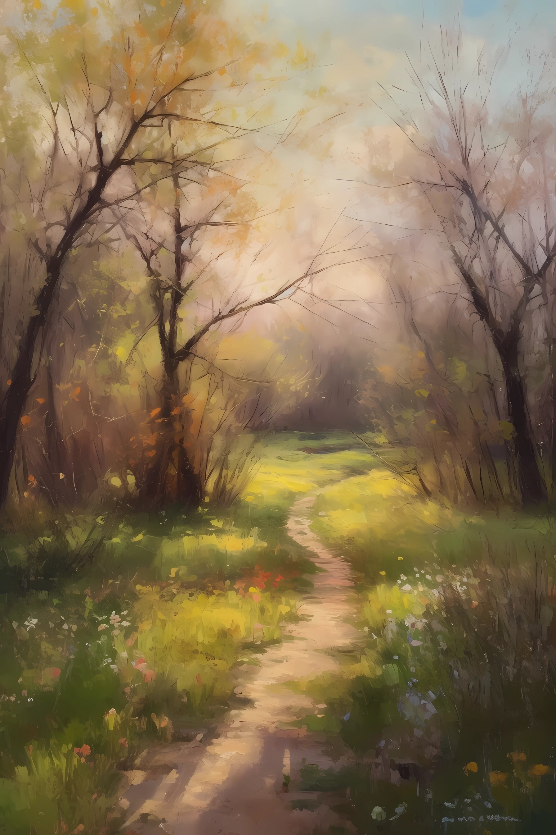 Vintage Spring Landscape Painting, Vibrant Spring Scene With Blossoming ...