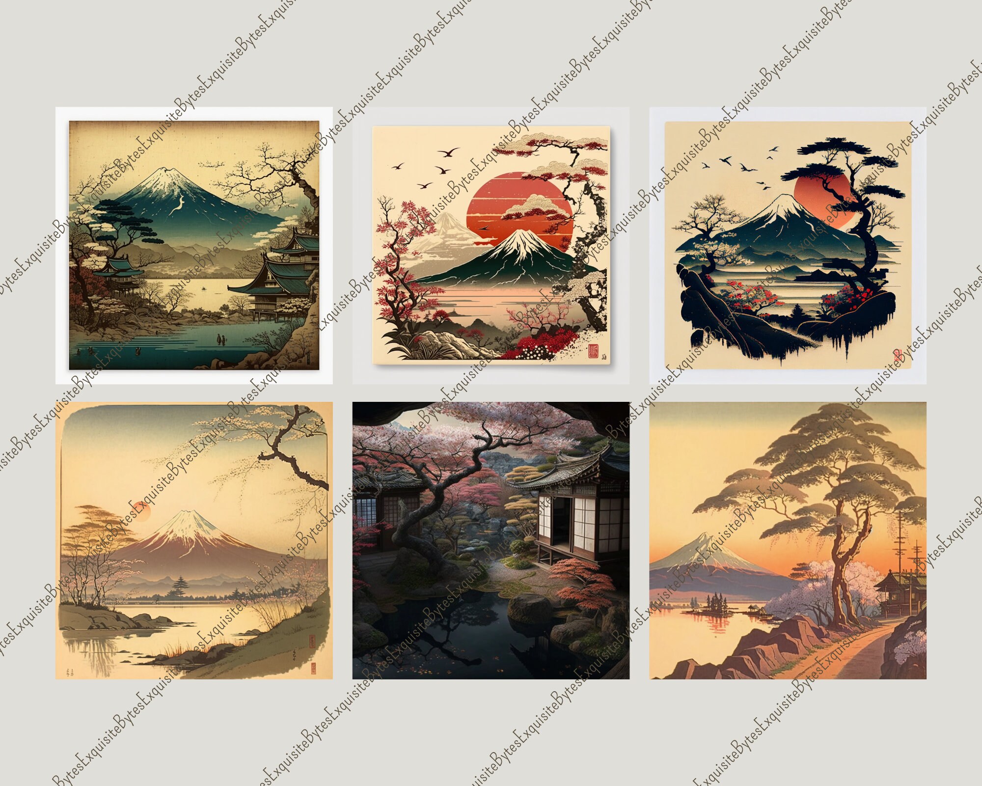 Japanese Landscape Vintage Paintings Bundle, Wall Decor, Printable Art ...