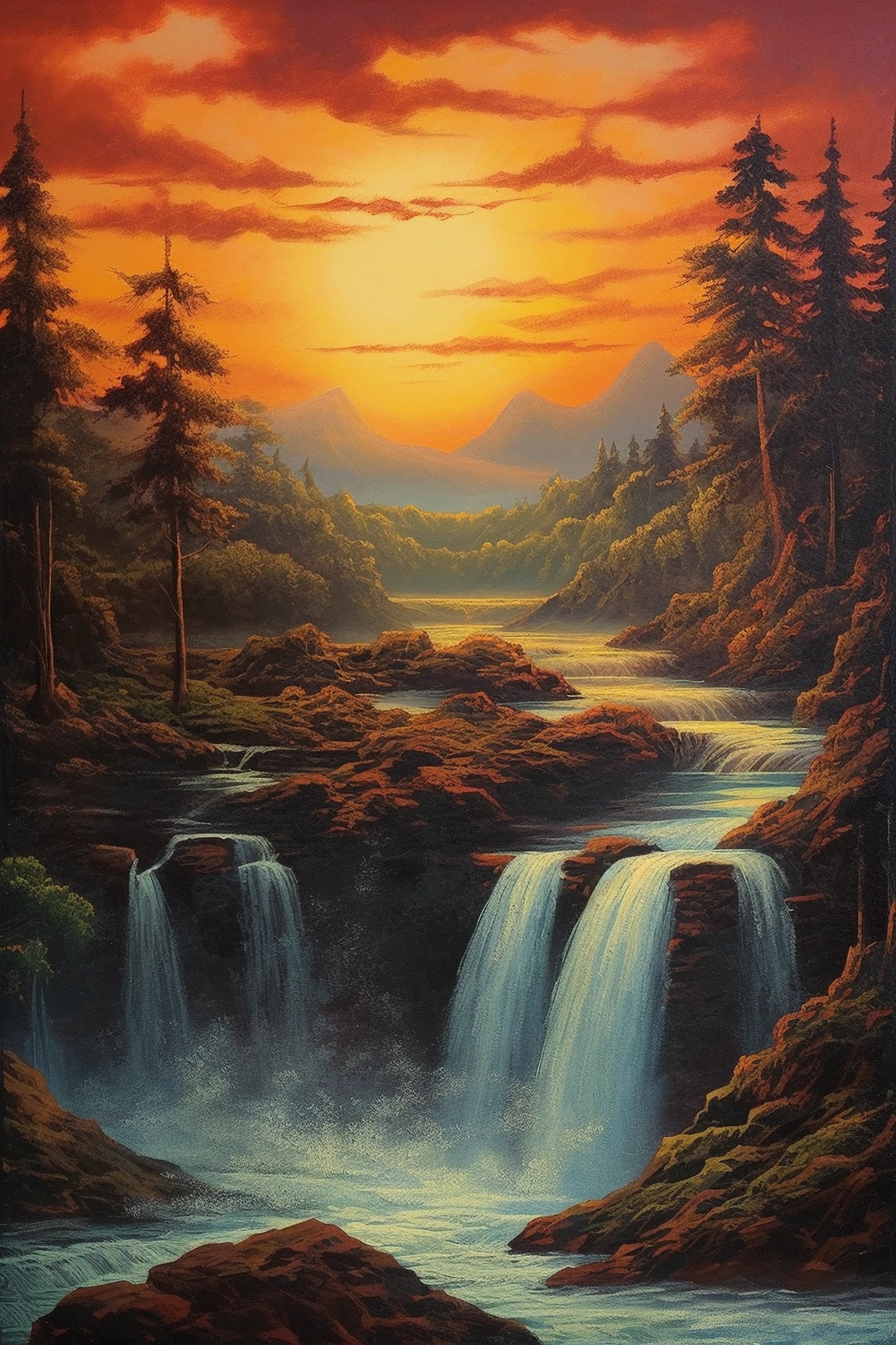 Vintage Waterfall Landscape Painting, Vacation Home Decor, Printable ...