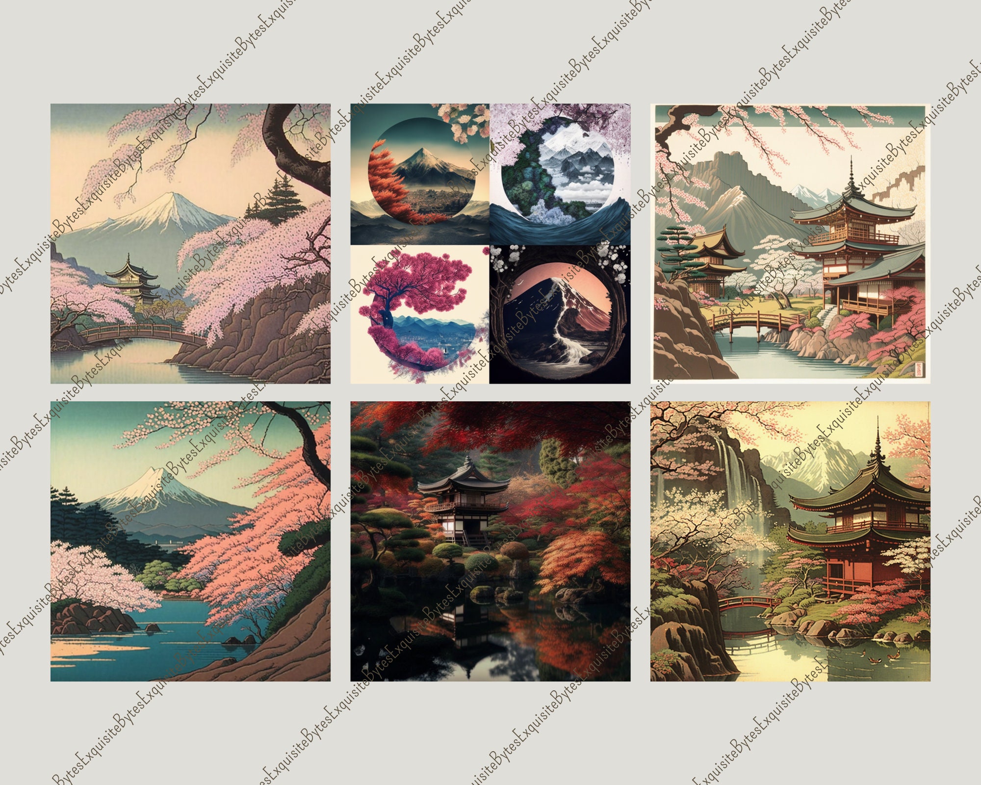 Japanese Landscape Vintage Paintings Bundle, Wall Decor, Printable Art ...