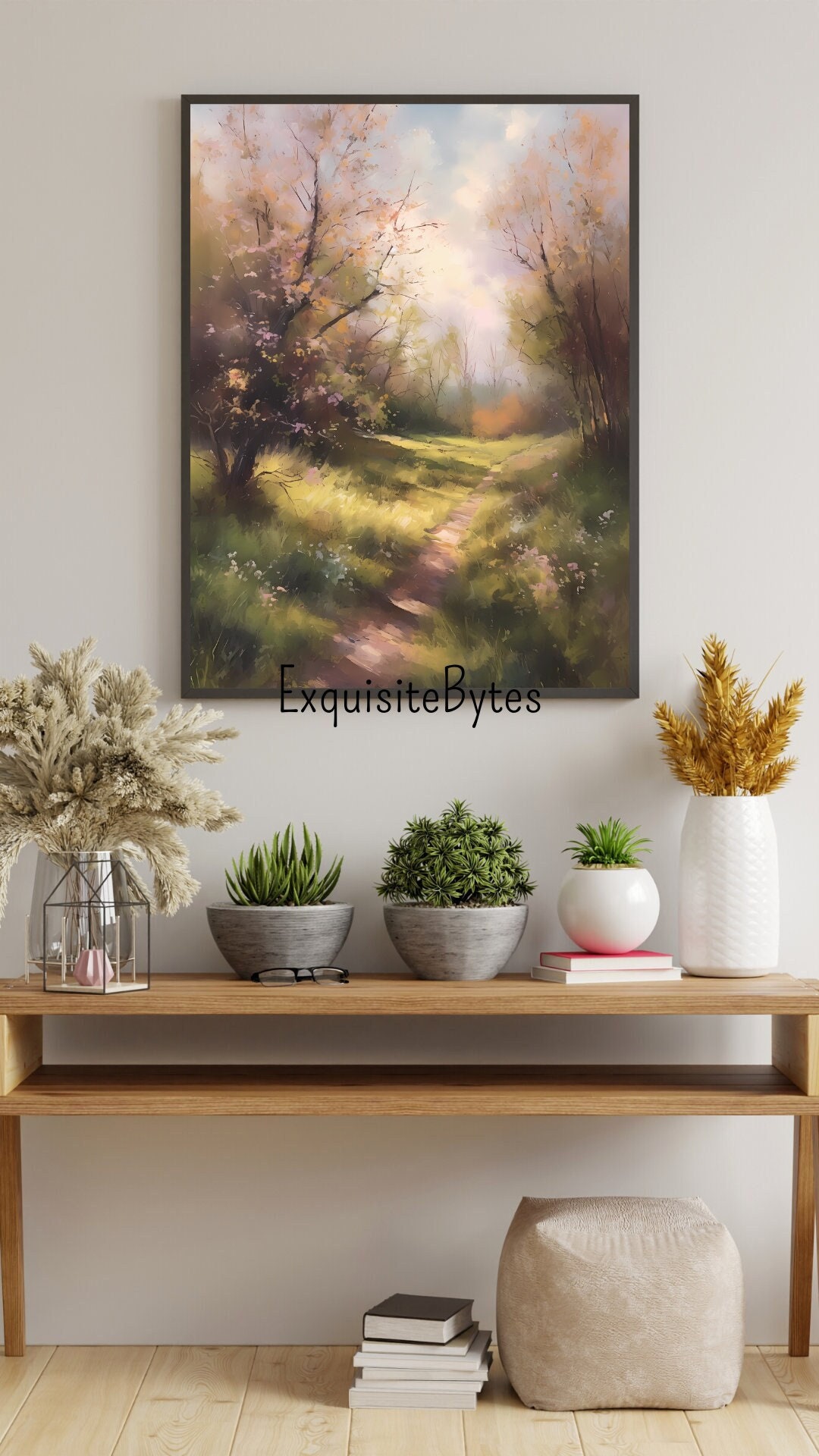 Vintage Spring Landscape Painting, Vibrant Spring Scene With Blossoming ...
