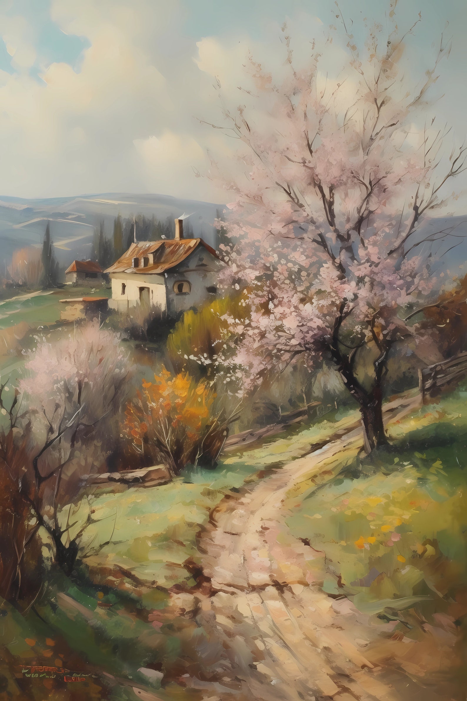 Vintage Spring Landscape Painting, Vibrant Spring Scene With Blossoming ...