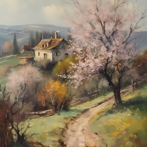 Vintage Spring Landscape Painting, Vibrant Spring Scene With Blossoming ...