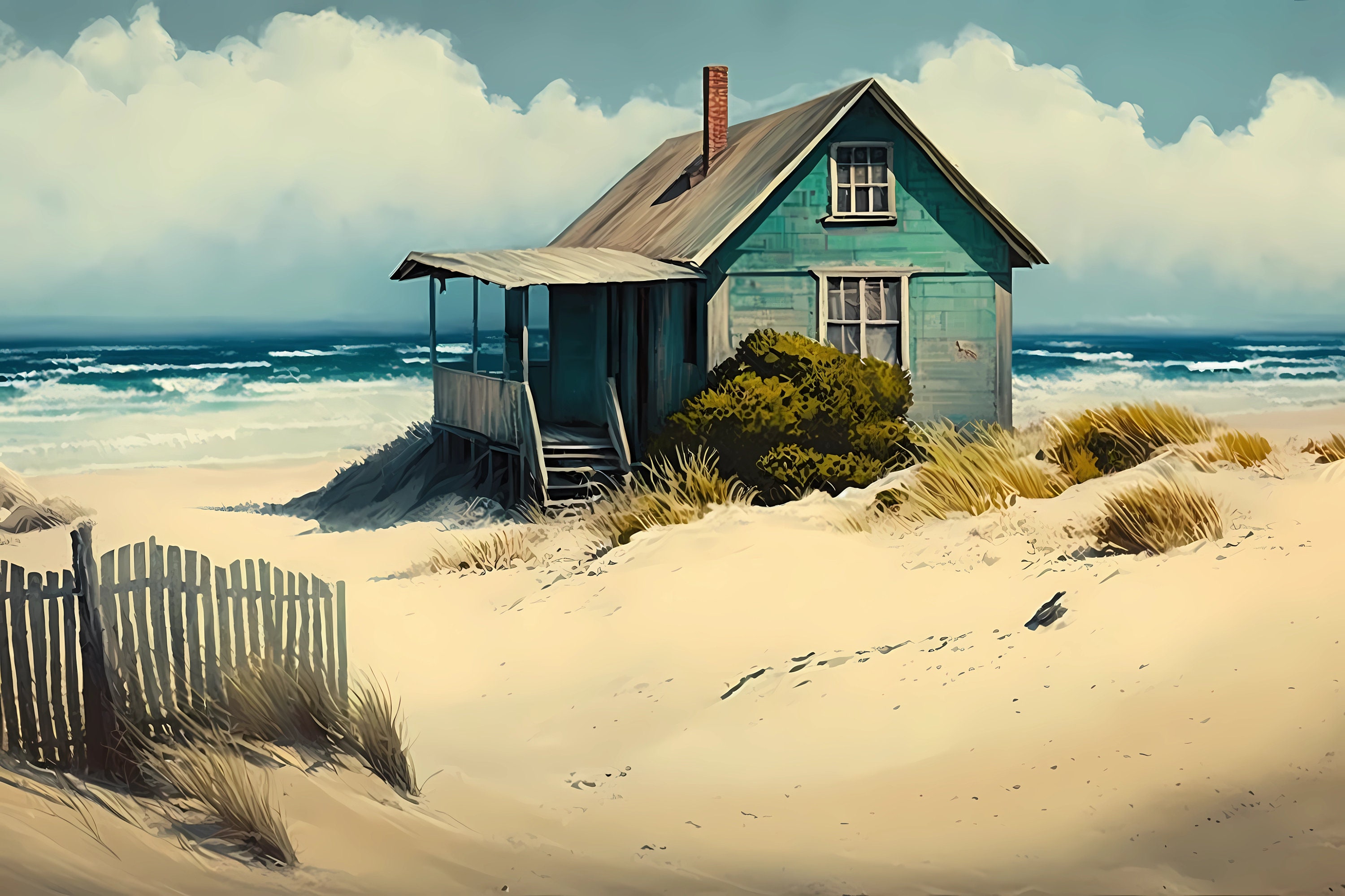 Beach Cottage House Painting, Wall Decor, Printable Wall Art, Coastal ...