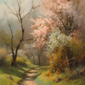 Vintage Spring Landscape Painting, Vibrant Spring Scene With Blossoming ...