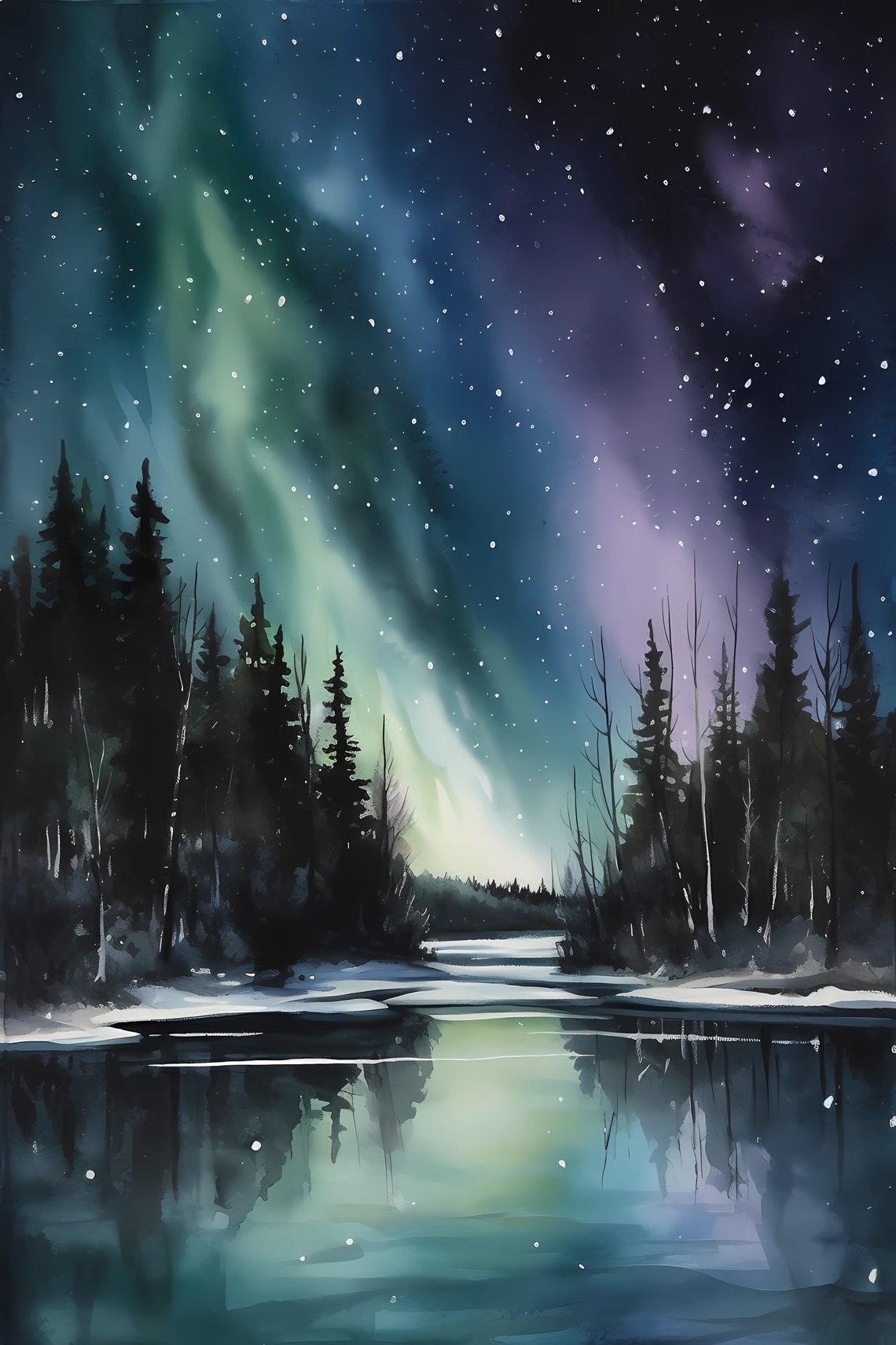 Northern Lights Watercolor Painting, Aurora Borealis, Dreamy Home Decor ...