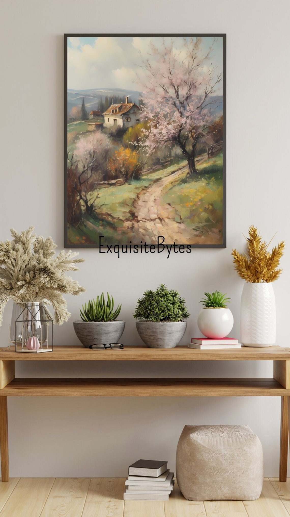 Vintage Spring Landscape Painting, Vibrant Spring Scene With Blossoming ...