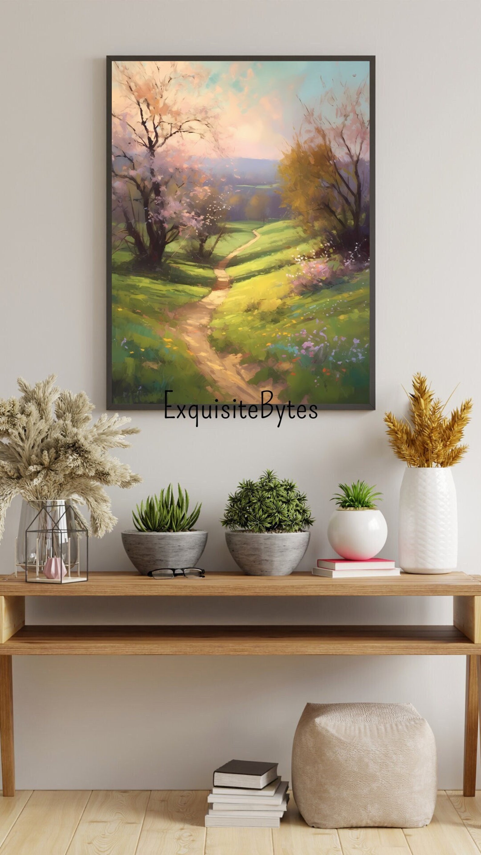 Vintage Spring Landscape Painting, Vibrant Spring Scene With Blossoming ...