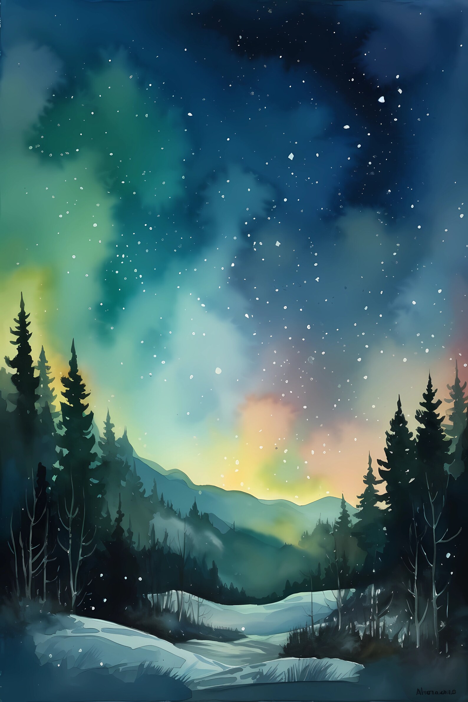 Northern Lights Watercolor Painting, Aurora Borealis, Dreamy Home Decor ...