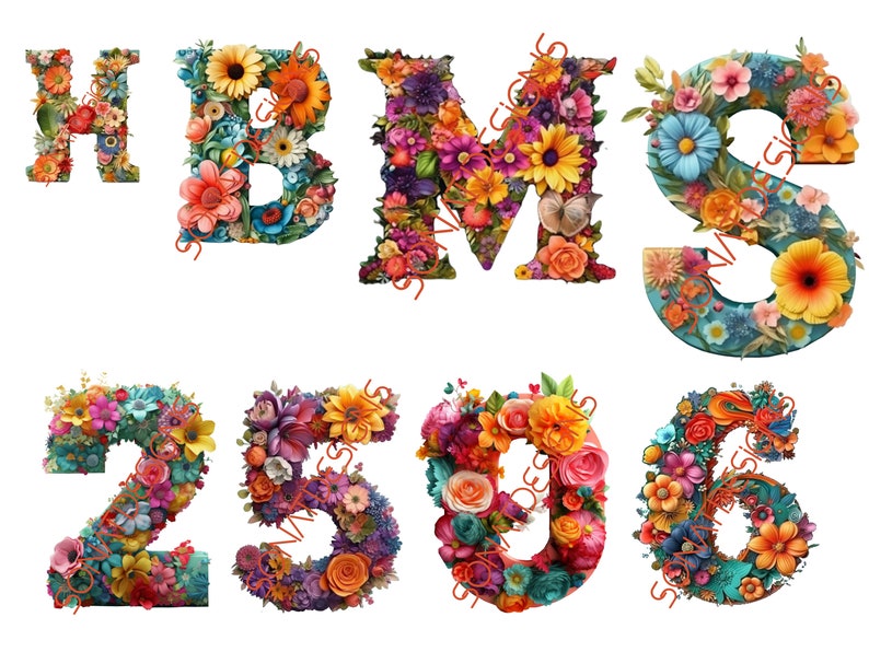 Floral Alphabet Clipart, Floral Letters Bundle Numbers Clipart, Floral ...