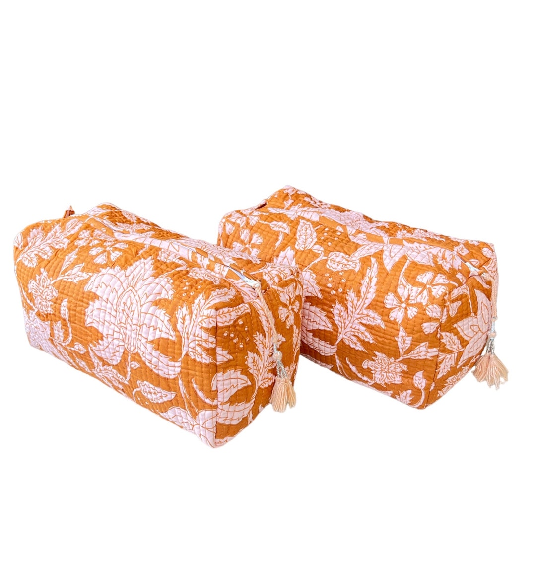 Quilted Wash Bag, Leaf Block Print Toiletry Bag, Waterproof Cosmetic ...