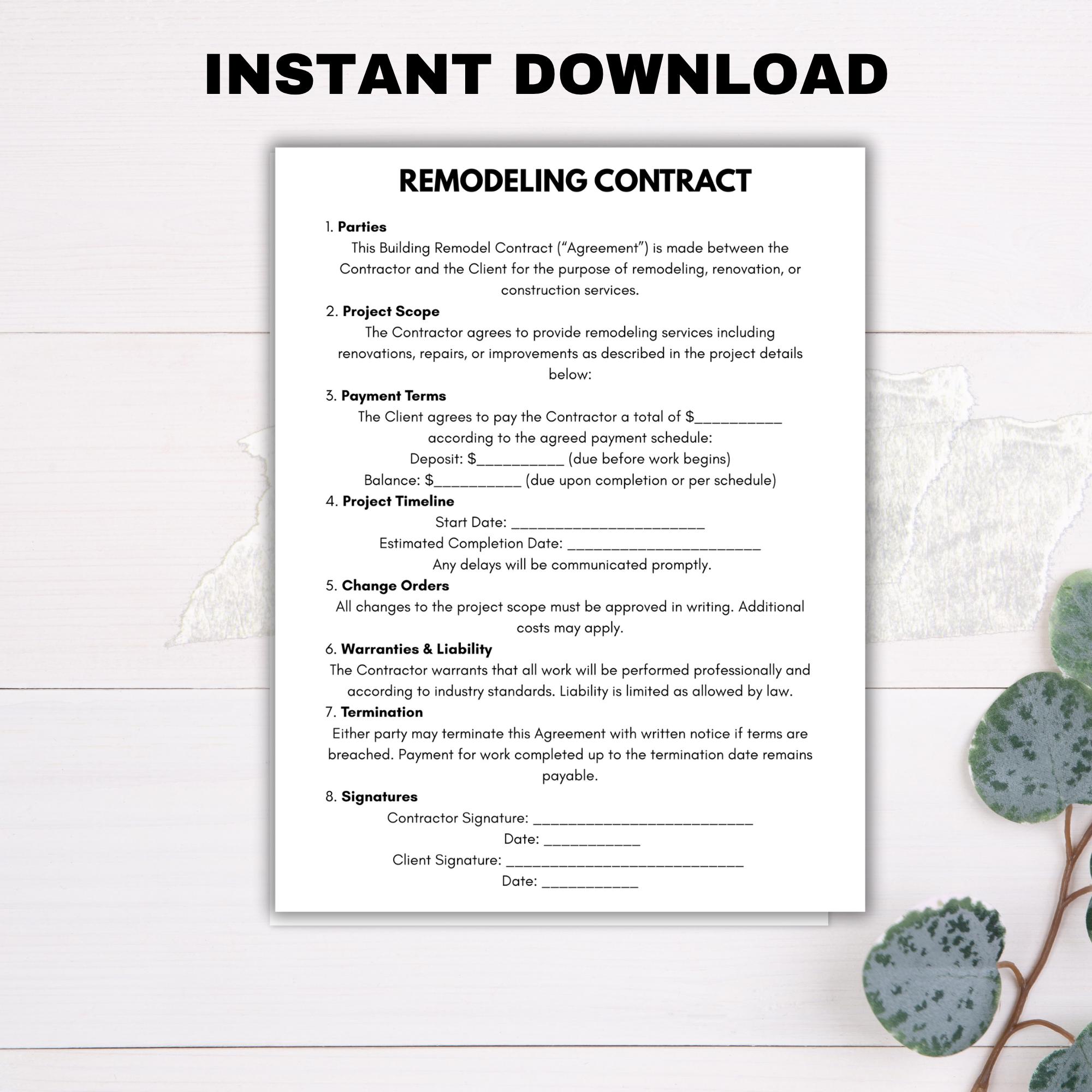Editable Remodeling Contract Template, Single Page Home Renovation ...