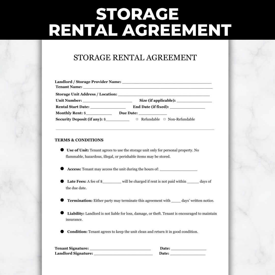 Storage Rental Agreement, Editable Storage Lease Form, Self Storage ...