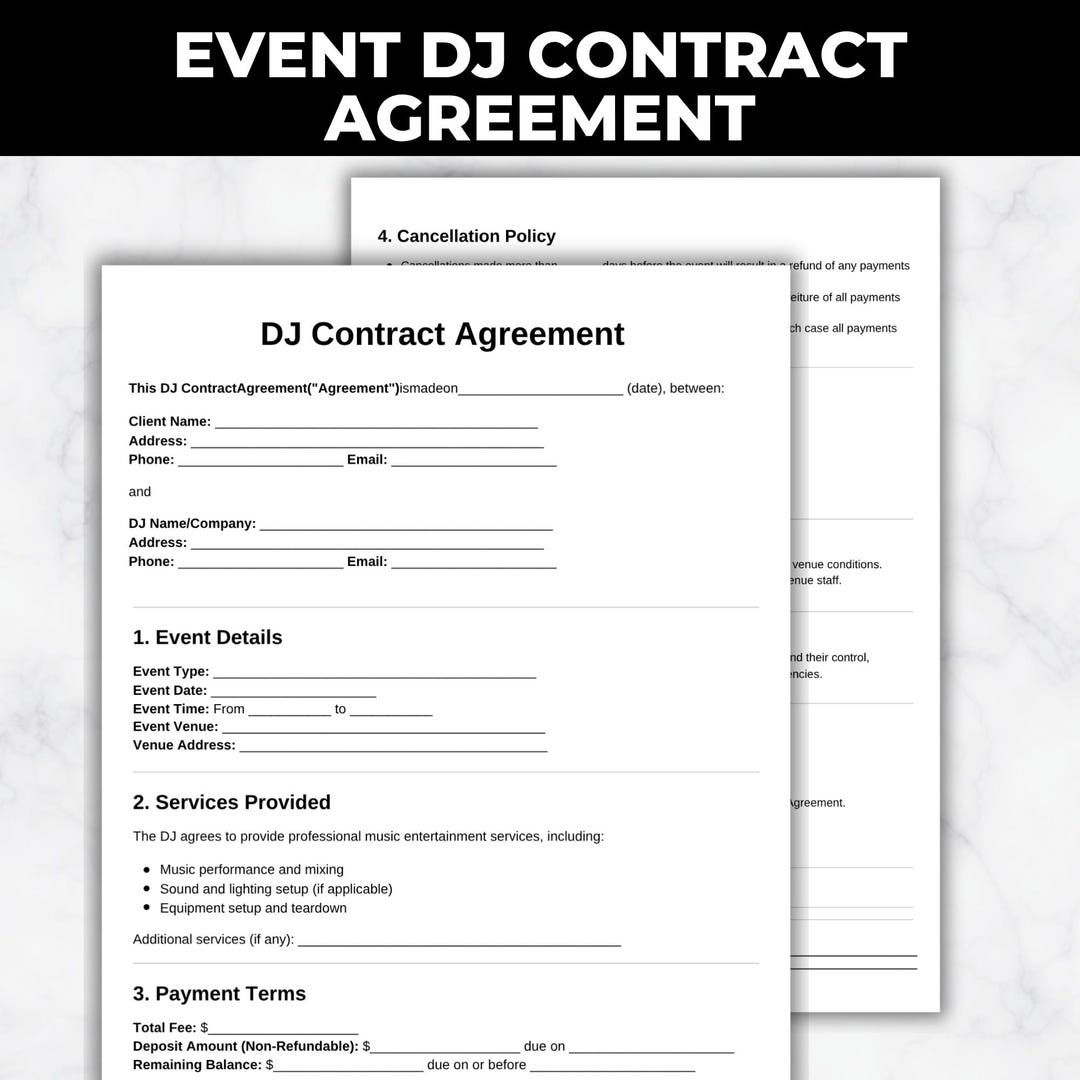 DJ Contract Agreement Form Template, Event Services Printable PDF ...