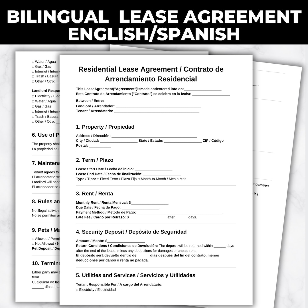 Bilingual Rental Lease Agreement Template, Spanish English (printable ...