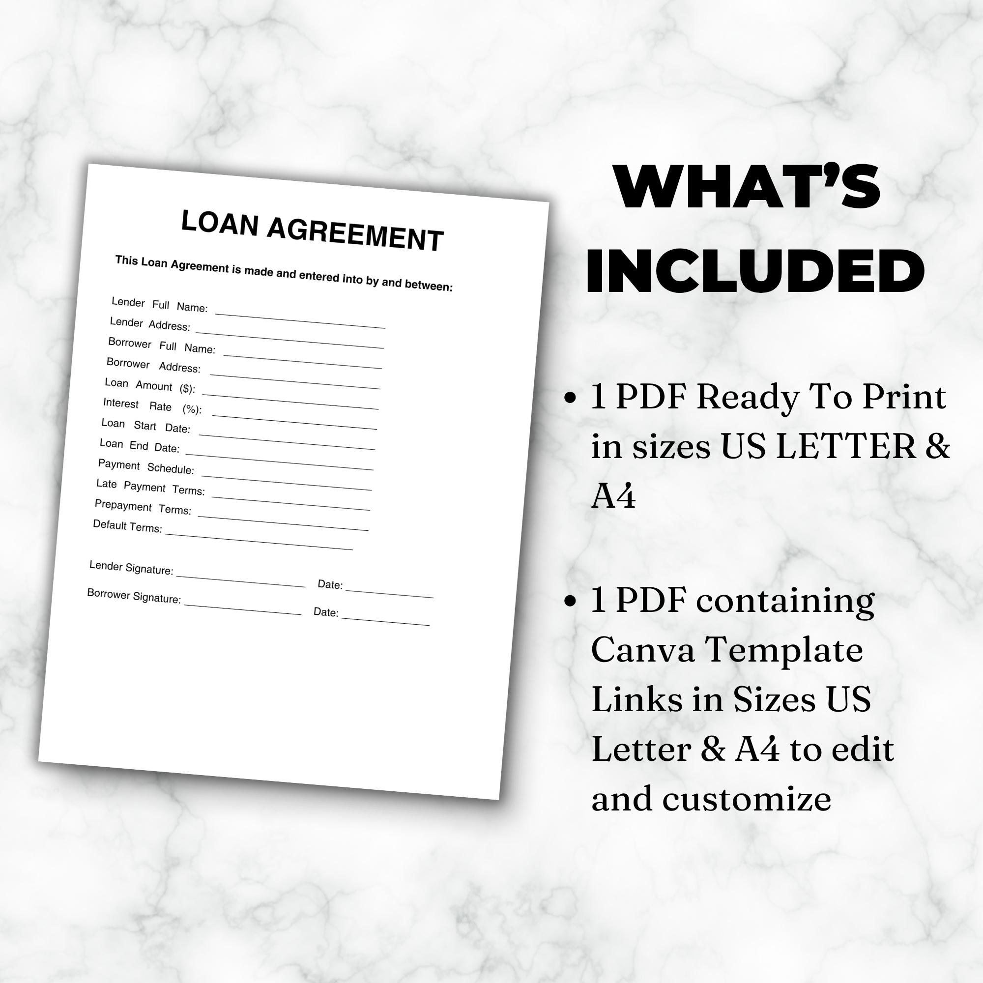 Loan Agreement, Loan Template, Fillable Loan Contract, Personal Loan ...
