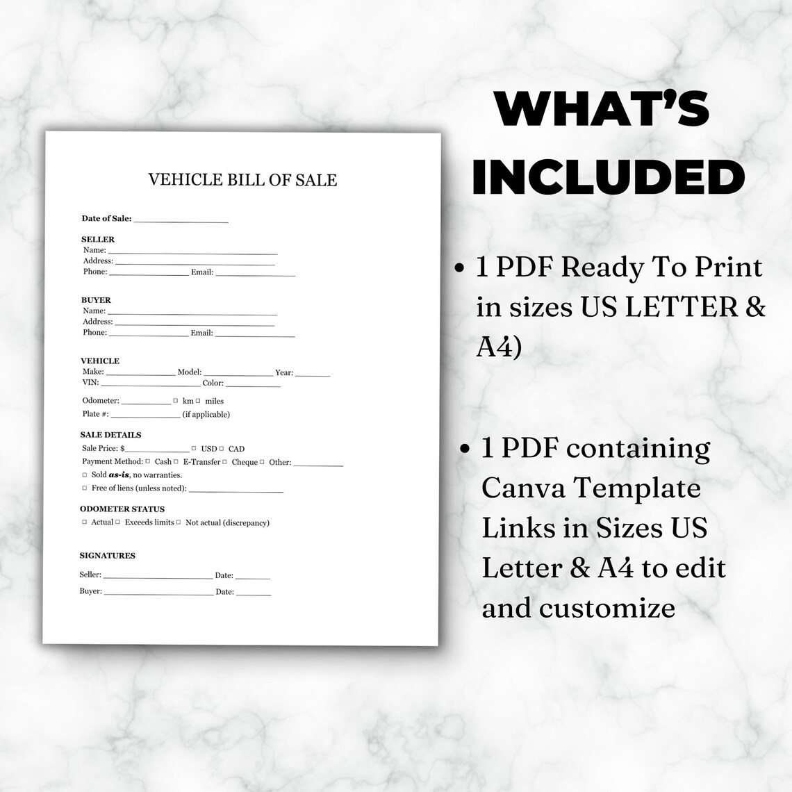 Vehicle Bill of Sale Template, Printable Motor Vehicle Sale Contract ...