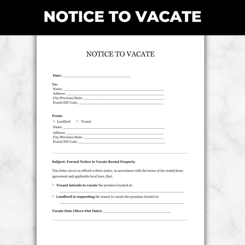 Notice to Vacate Form, Rental Termination Letter Template, Move Out ...