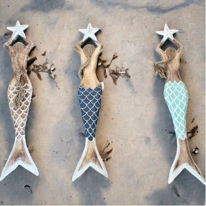 Three Wooden Mermaid W/ Hair 26 Reaching a Star With Long Braid ...
