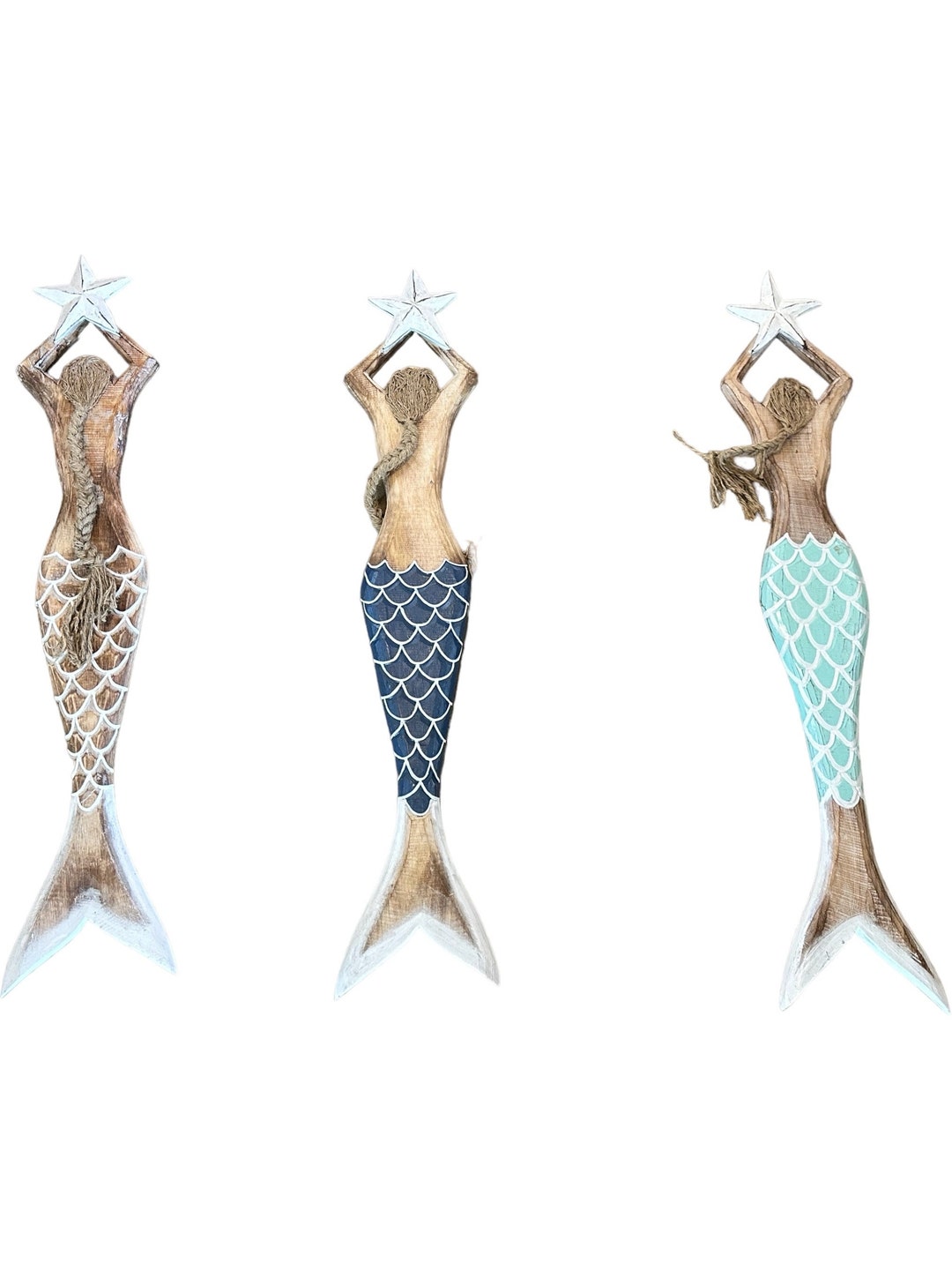 Three Wooden Mermaid W/ Hair 26 Reaching a Star With Long Braid ...