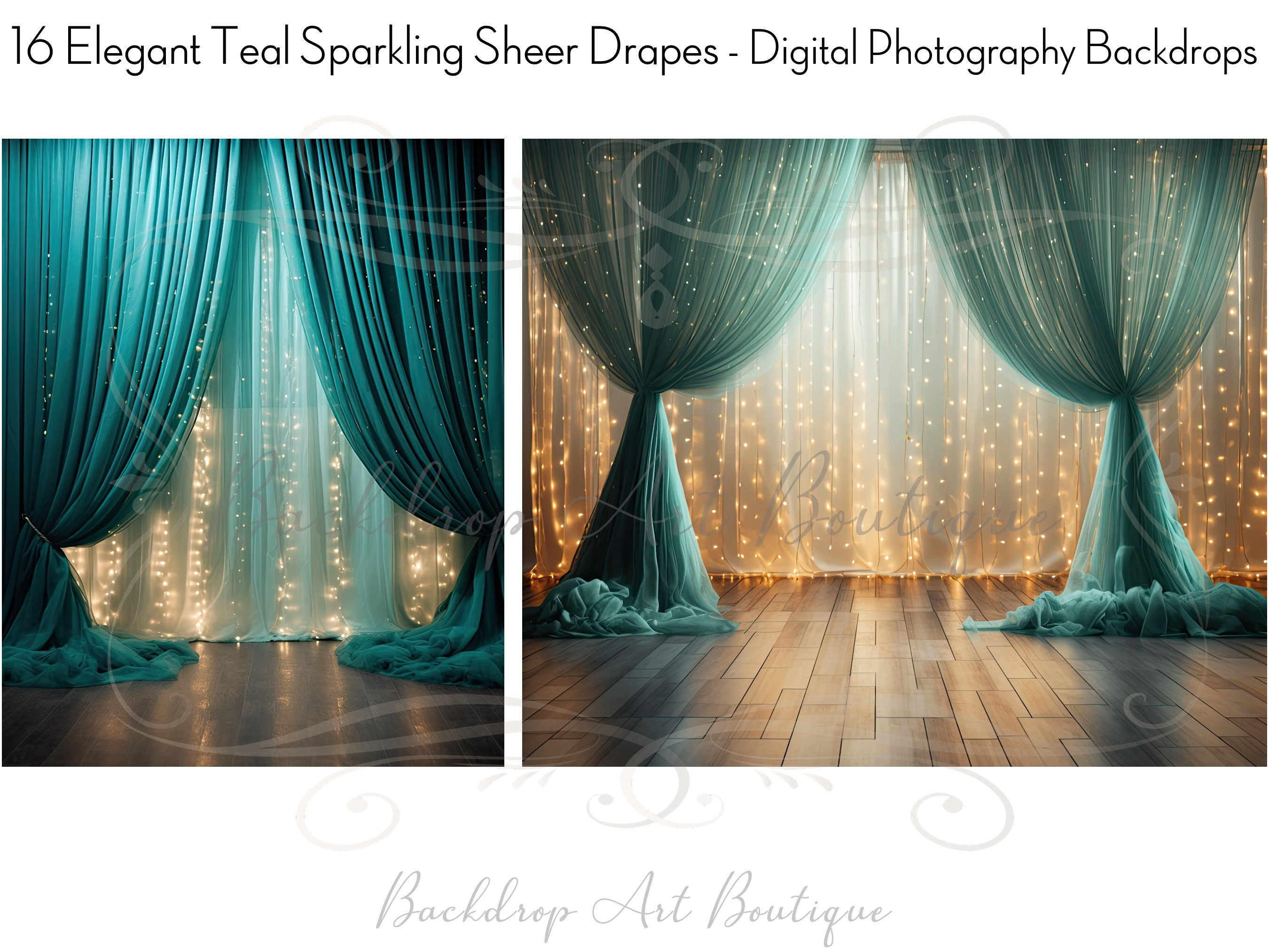 16 TEAL Digital Backdrops for Photographers: Sparkling Flowing Organza ...