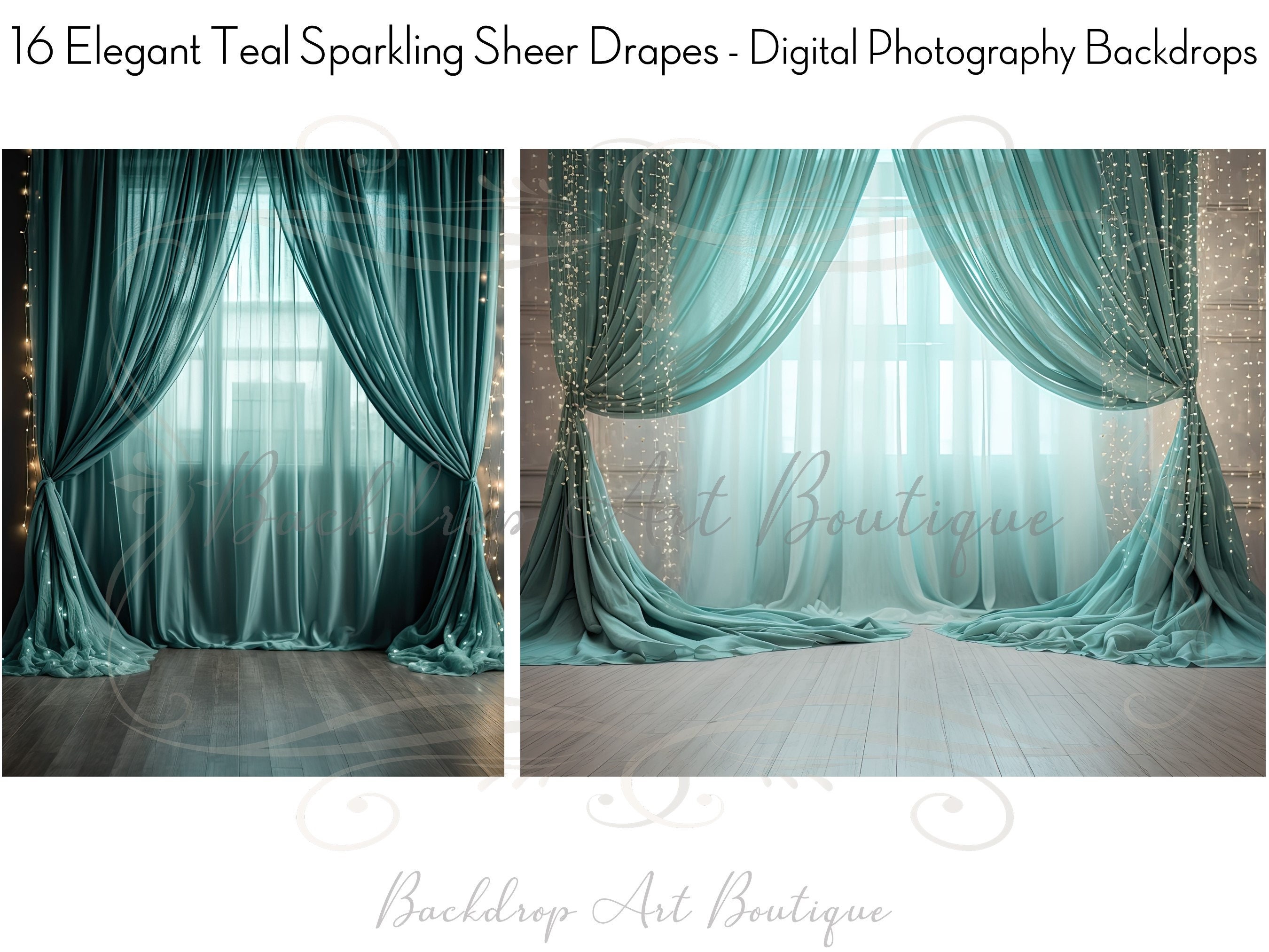 16 TEAL Digital Backdrops for Photographers: Sparkling Flowing Organza ...