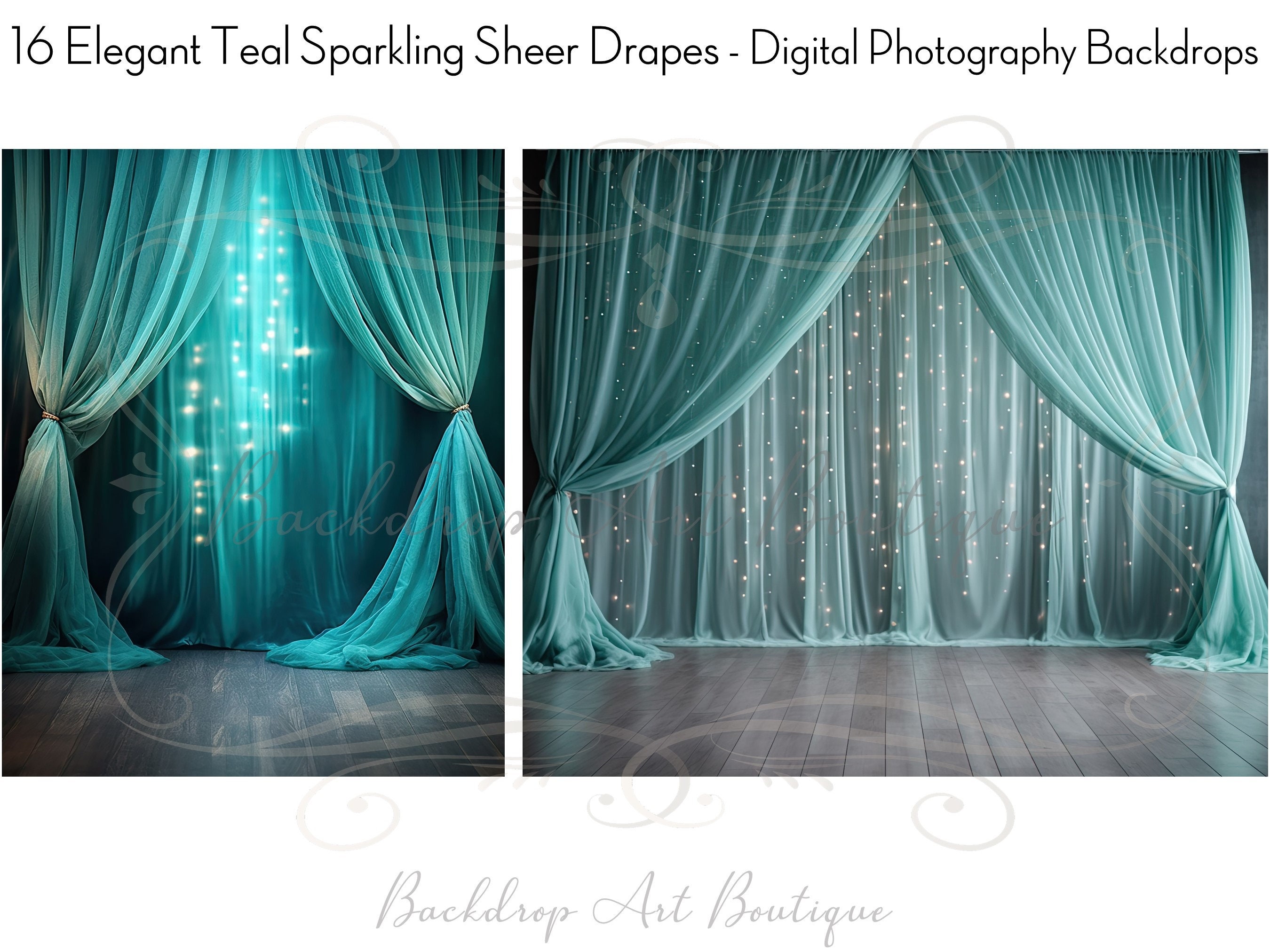 16 TEAL Digital Backdrops for Photographers: Sparkling Flowing Organza ...