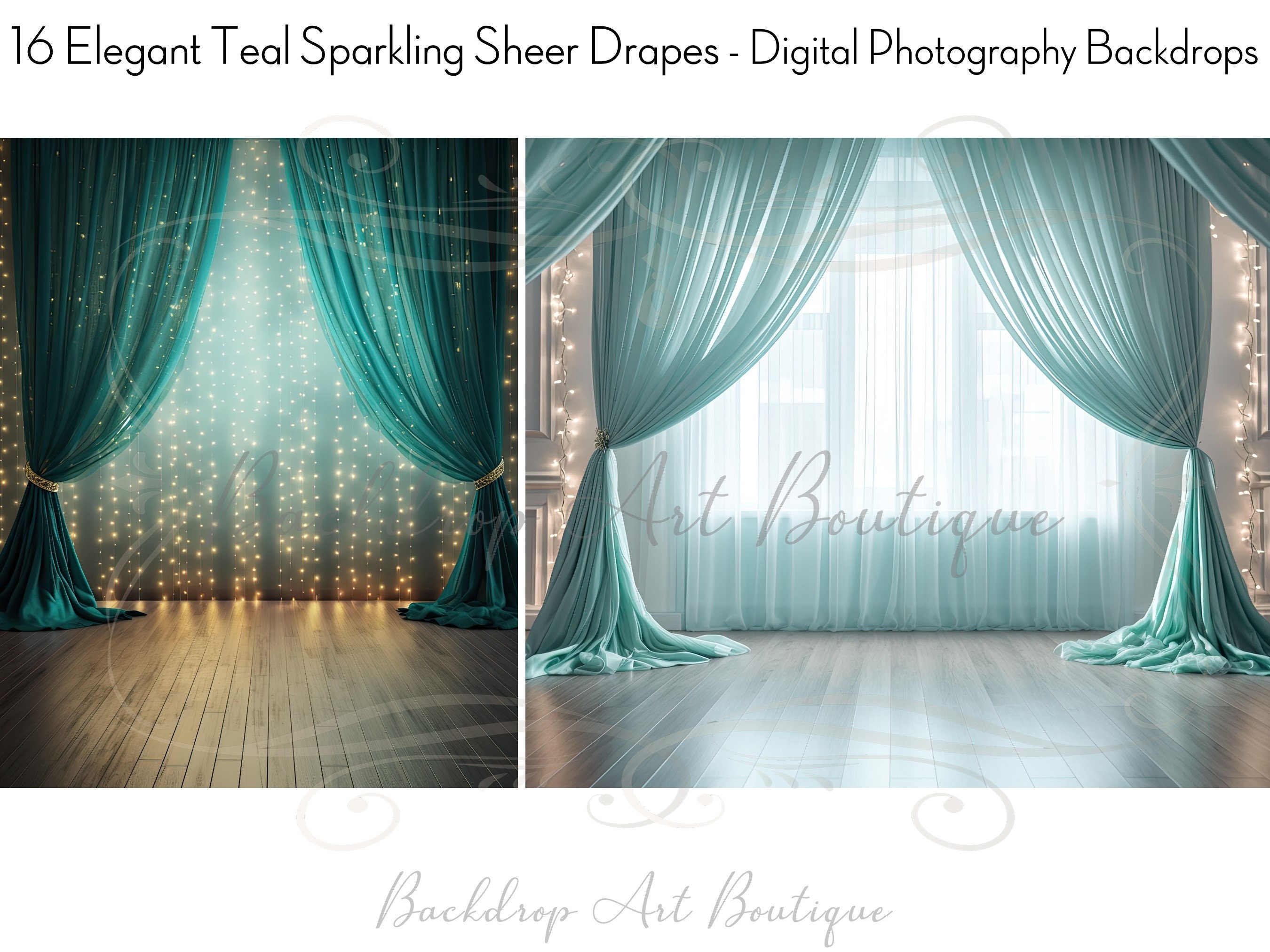 16 TEAL Digital Backdrops for Photographers: Sparkling Flowing Organza ...