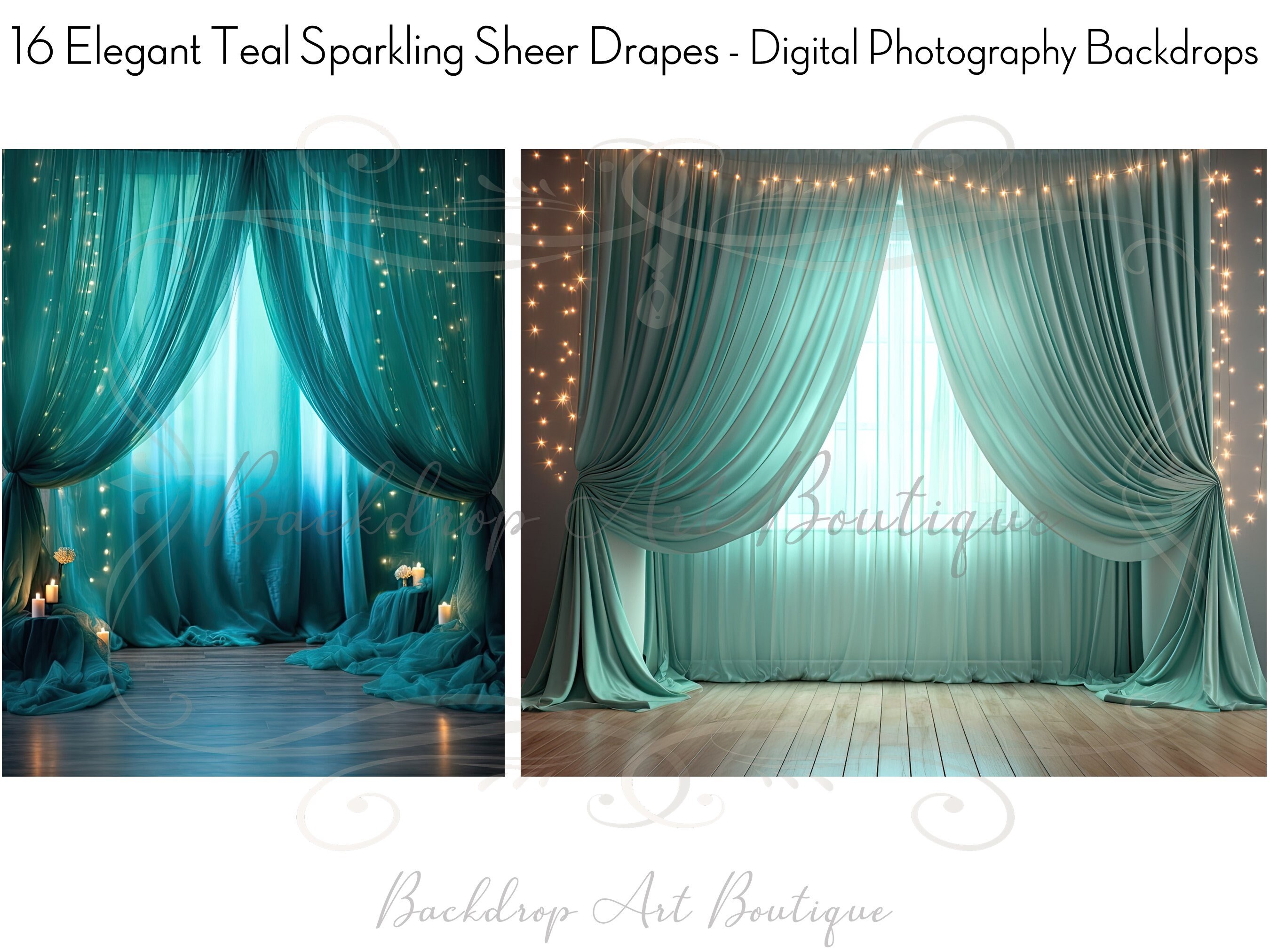 16 TEAL Digital Backdrops for Photographers: Sparkling Flowing Organza ...