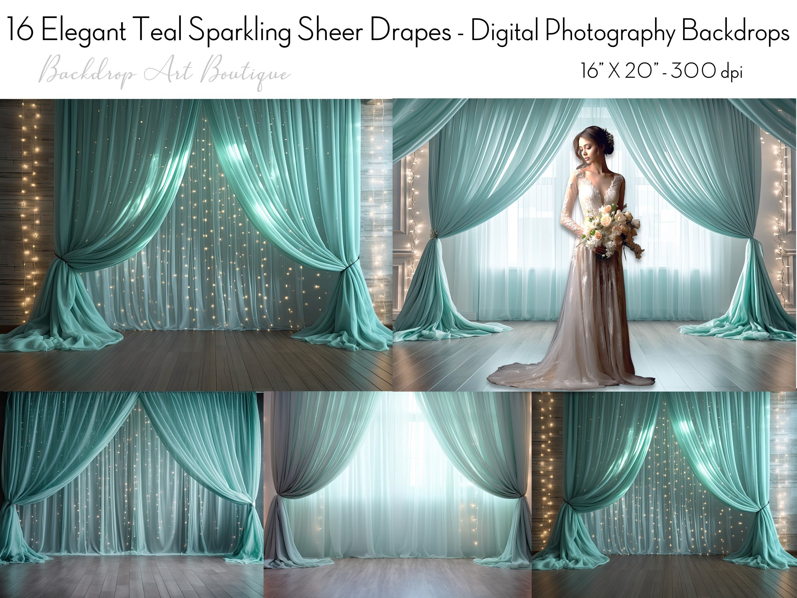 16 TEAL Digital Backdrops for Photographers: Sparkling Flowing Organza ...