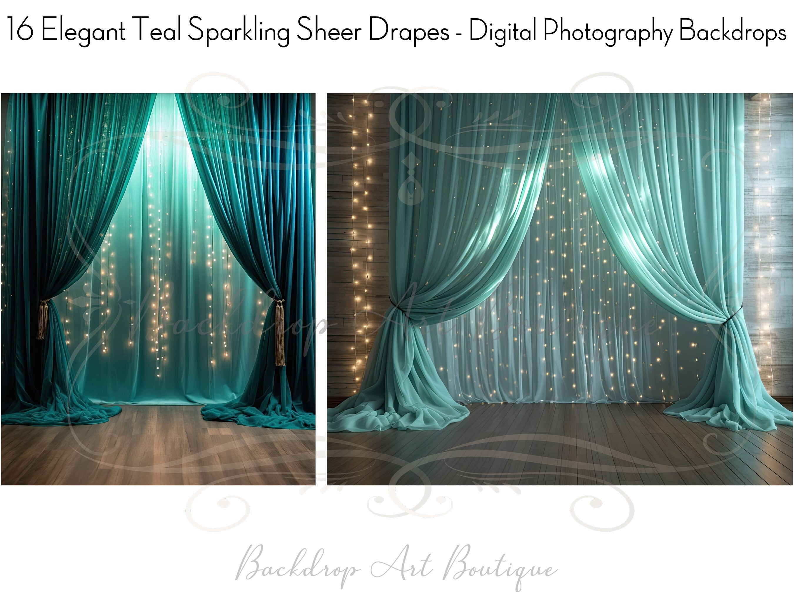 16 TEAL Digital Backdrops for Photographers: Sparkling Flowing Organza ...