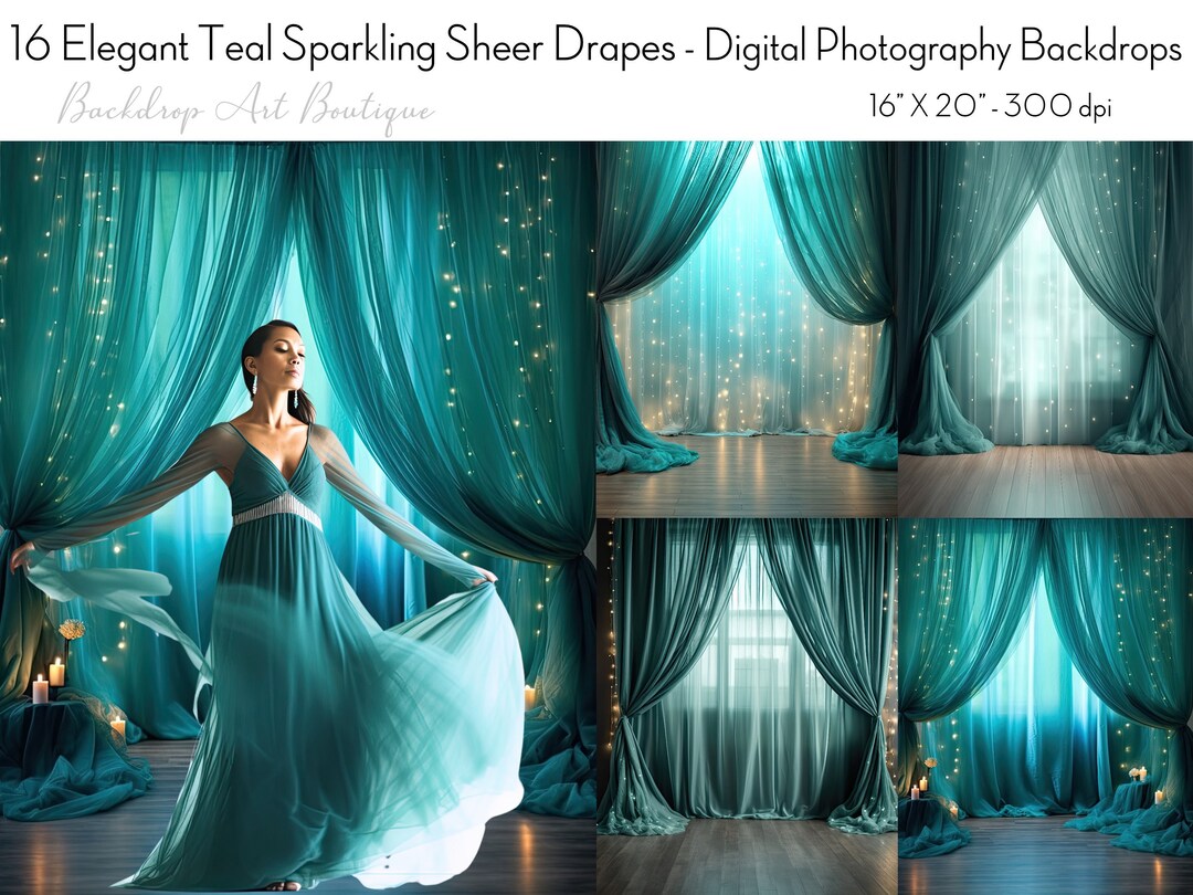 16 TEAL Digital Backdrops for Photographers: Sparkling Flowing Organza ...