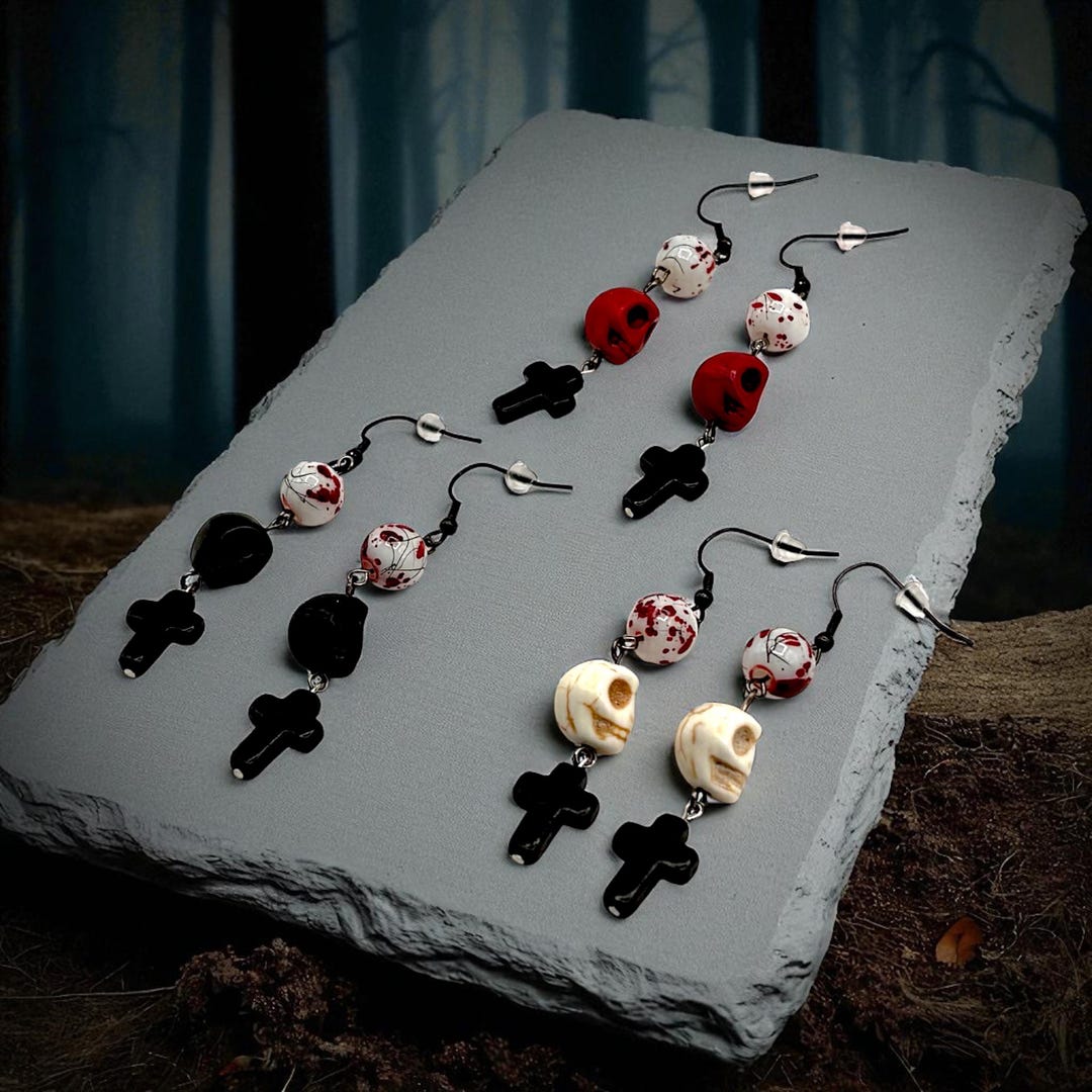 Bloody Skull Cross Earrings, Gothic Halloween Drop Jewelry, Red ...