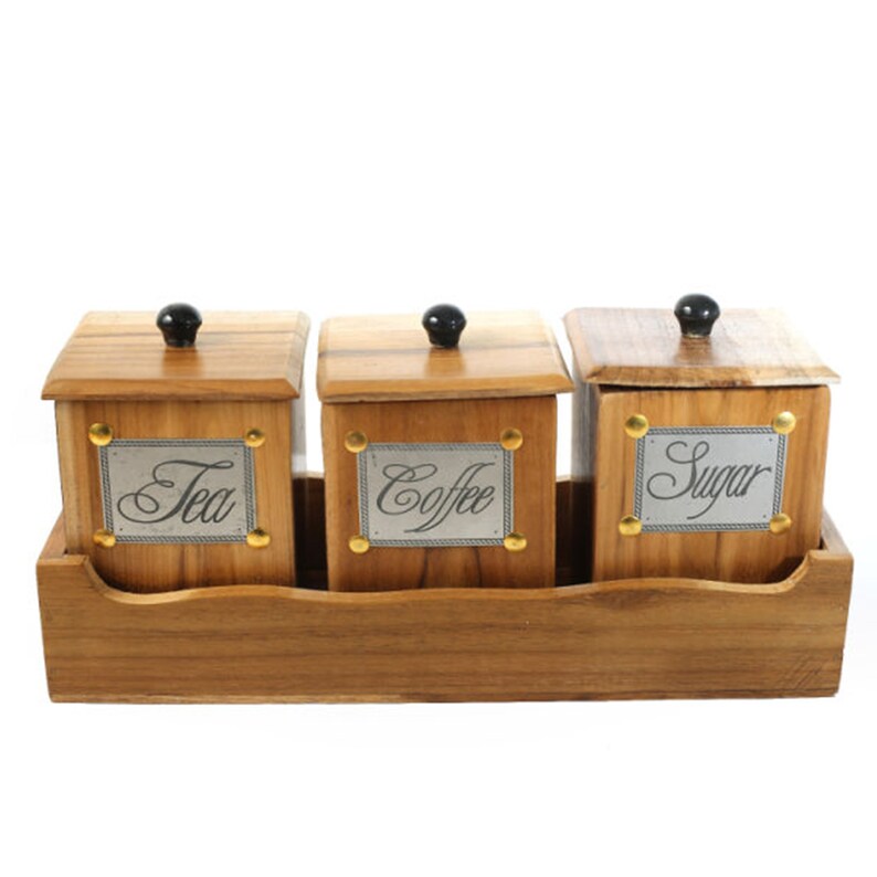 Antique Look Tea Coffee Sugar Container Set Wooden Canister Tray ...