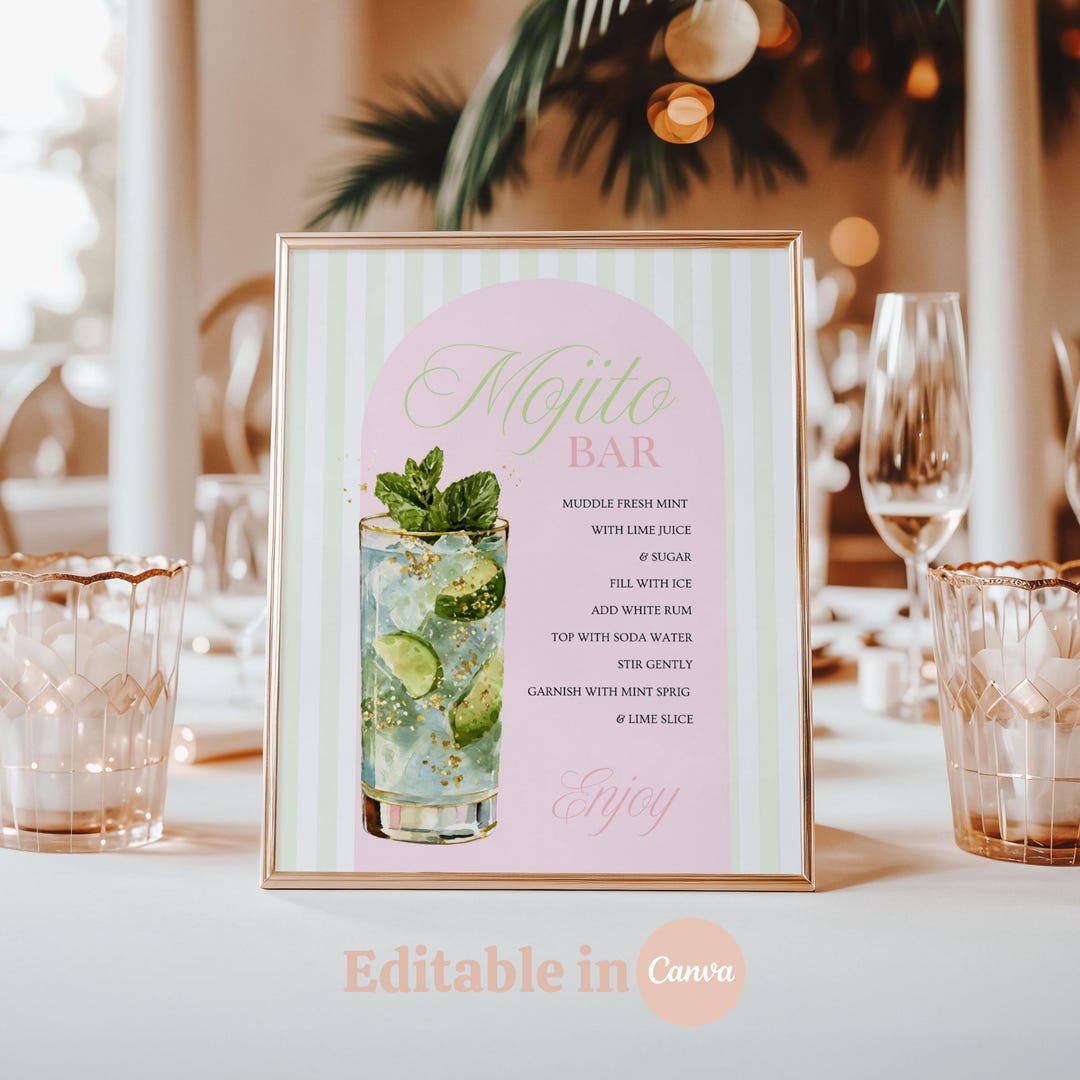 Mojito Bar Sign Template, Editable Cocktail Recipe Card, Summer Wedding ...