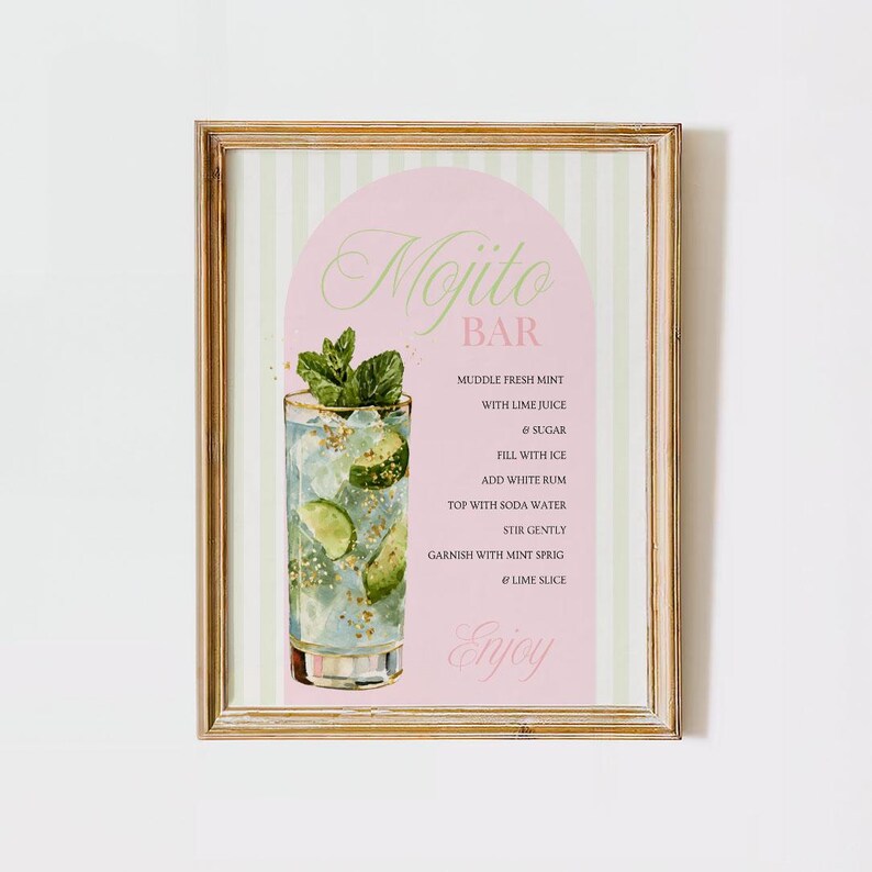 Mojito Bar Sign Template, Editable Cocktail Recipe Card, Summer Wedding ...