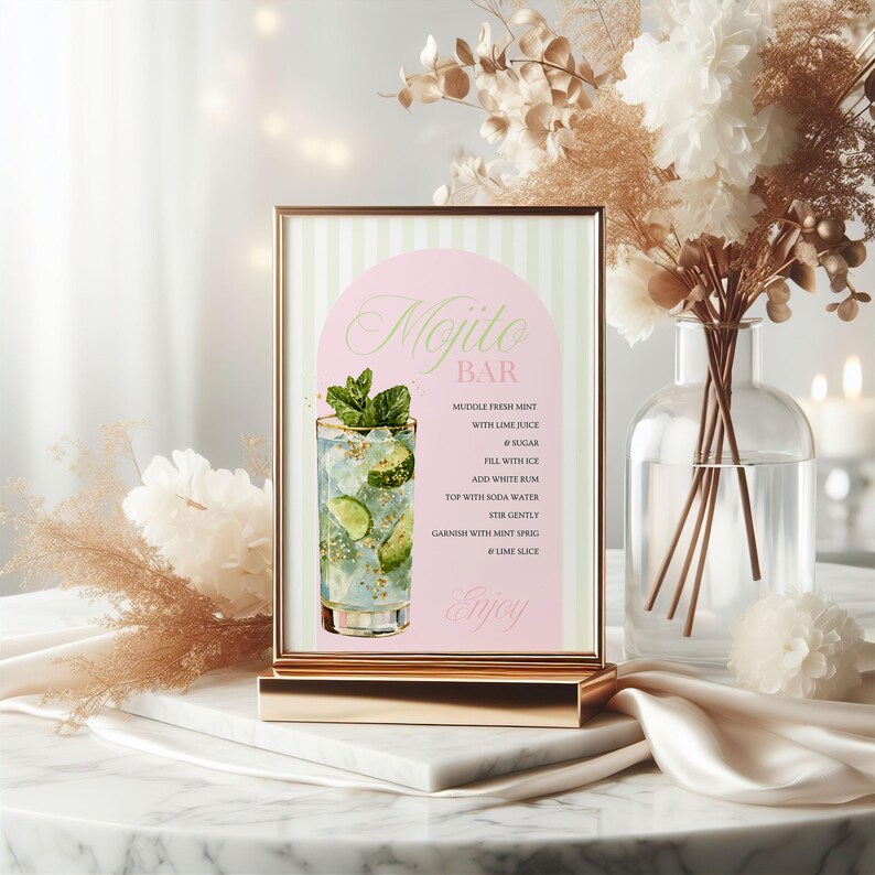 Mojito Bar Sign Template, Editable Cocktail Recipe Card, Summer Wedding ...