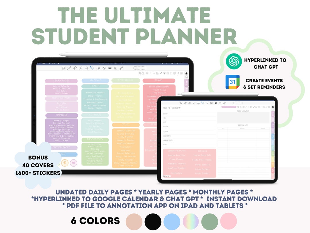 Student Digital Planner Undated Goodnotes Digital Student Notebook With ...