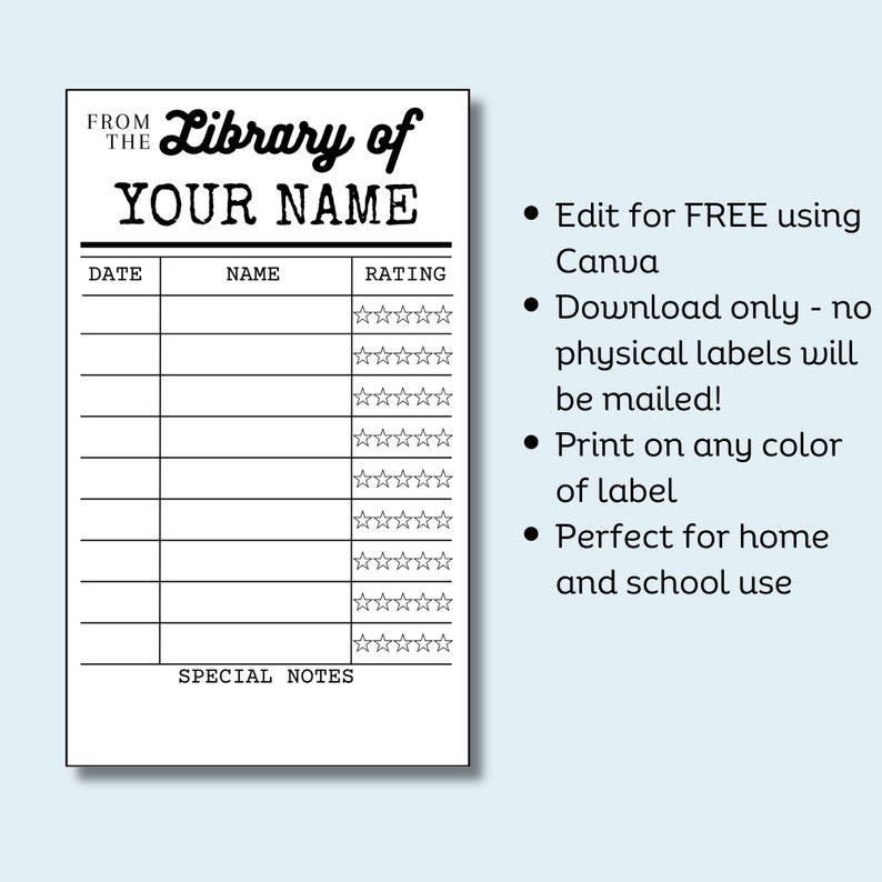 Personalized Book Labels - Custom Library Rating Tags, Canva Editable ...