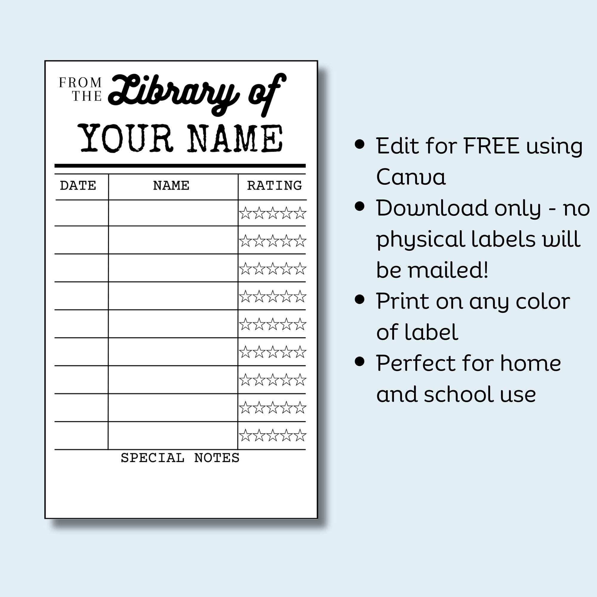 Personalized Book Labels - Custom Library Rating Tags, Canva Editable ...