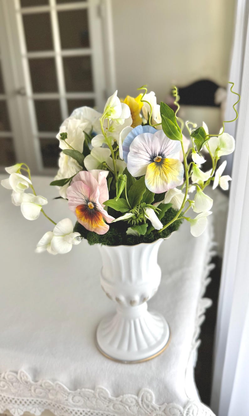 Pansy Flower Arrangement – Cold Porcelain Botanical Sculpture, White ...
