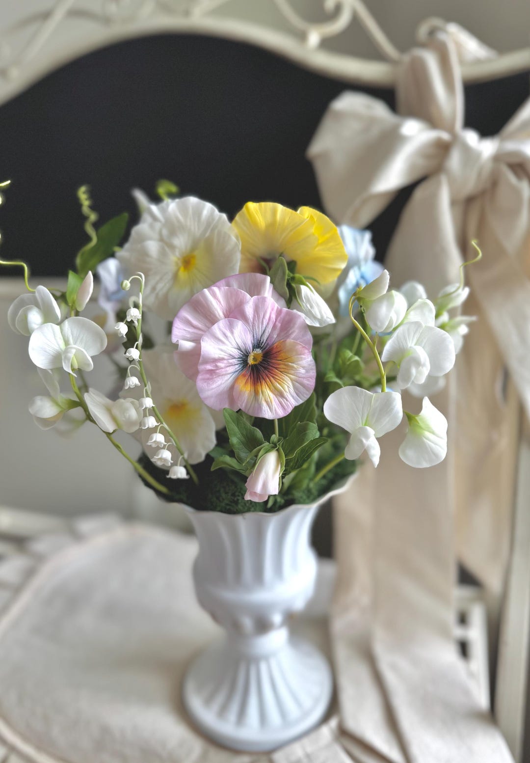 Pansy Flower Arrangement – Cold Porcelain Botanical Sculpture, White ...