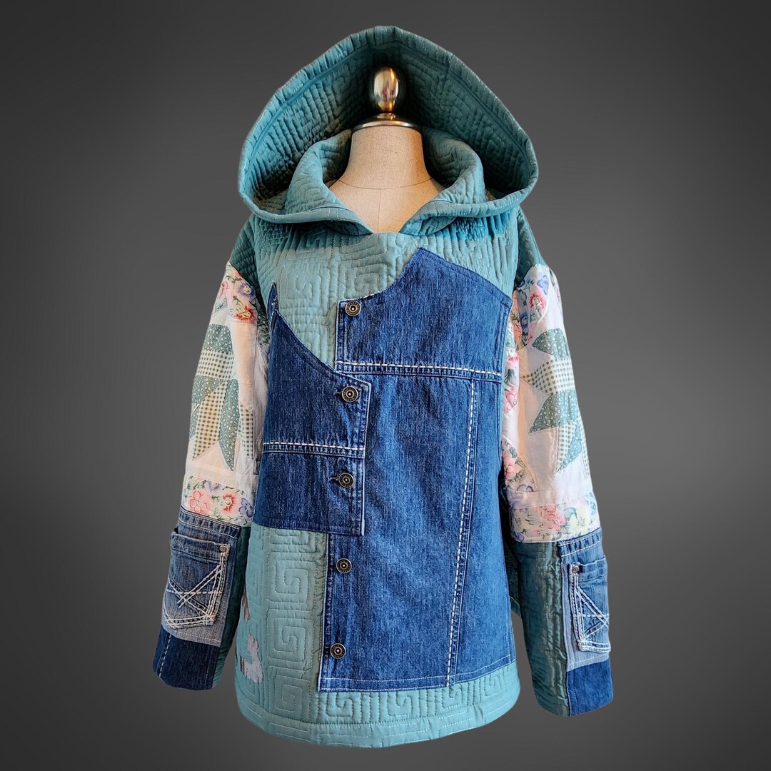 Quilted Hoodie With Denim Patchwork XL - Etsy