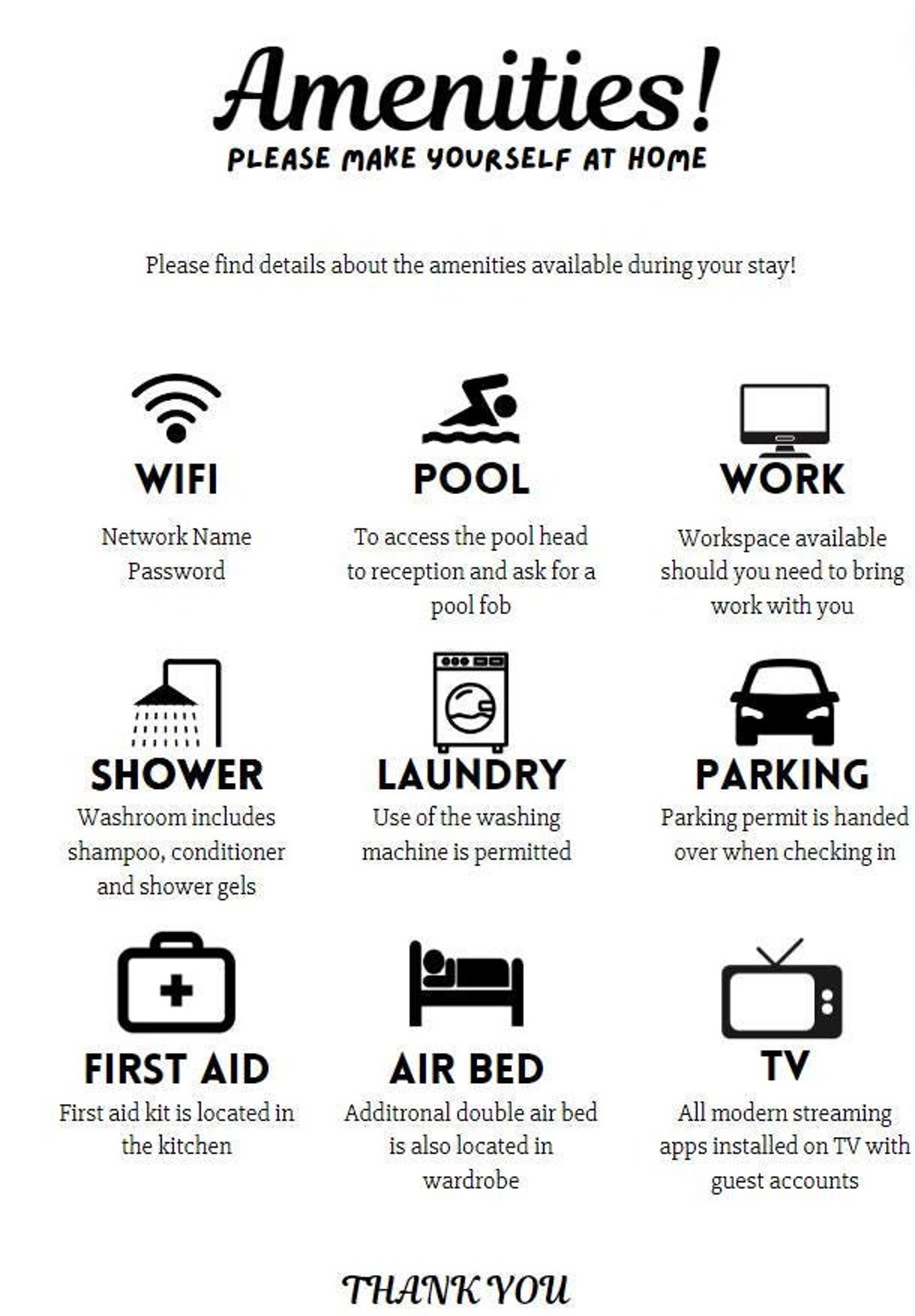 Airbnb Amenities Template | Printable & Editable Airbnb Welcome Guide ...