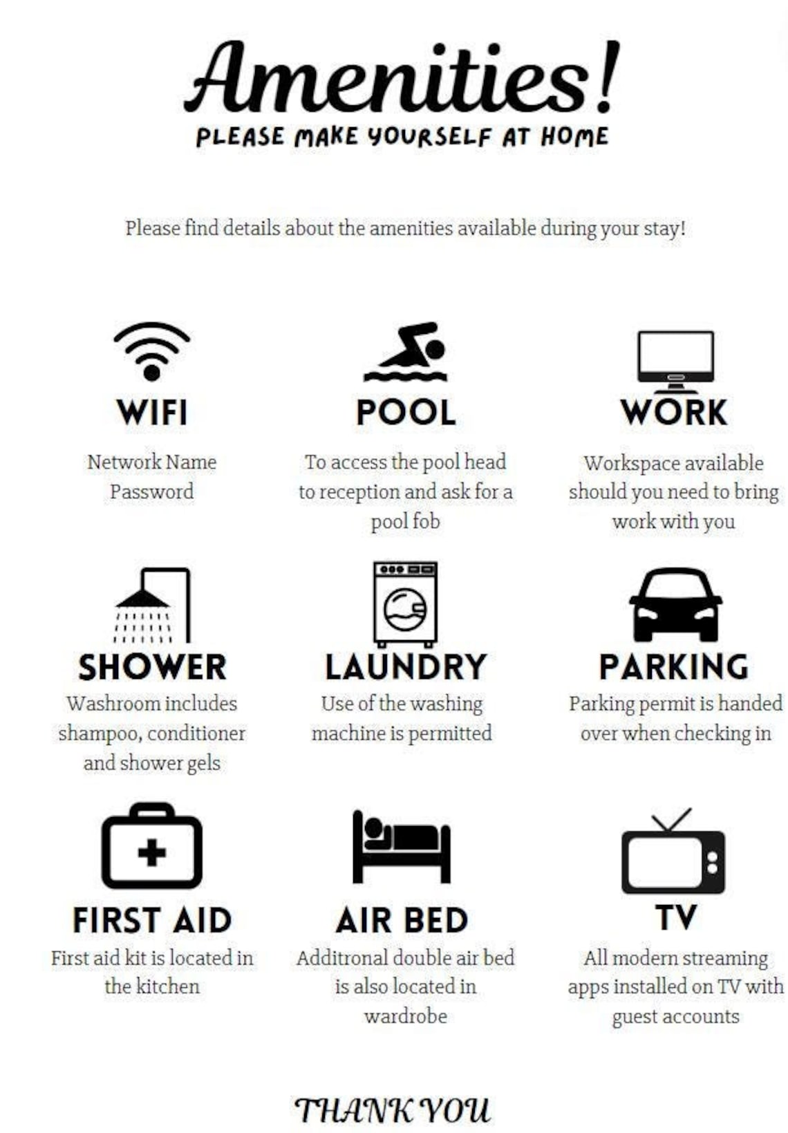 Airbnb Amenities Template | Printable & Editable Airbnb Welcome Guide ...