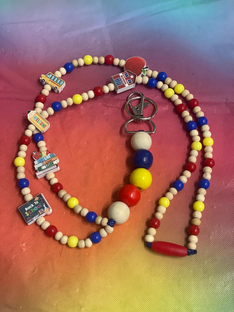 Back to School Theme Primary Colors Handmade Beaded Teacher Lanyard ...