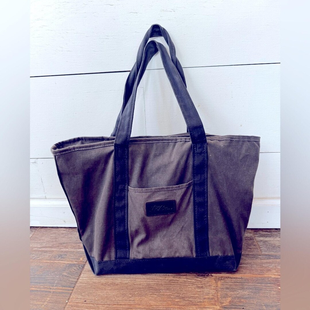 LL Bean Boat Tote Waxed Canvas Bag Navy and Gray Plaid Lined 18 Zipper ...