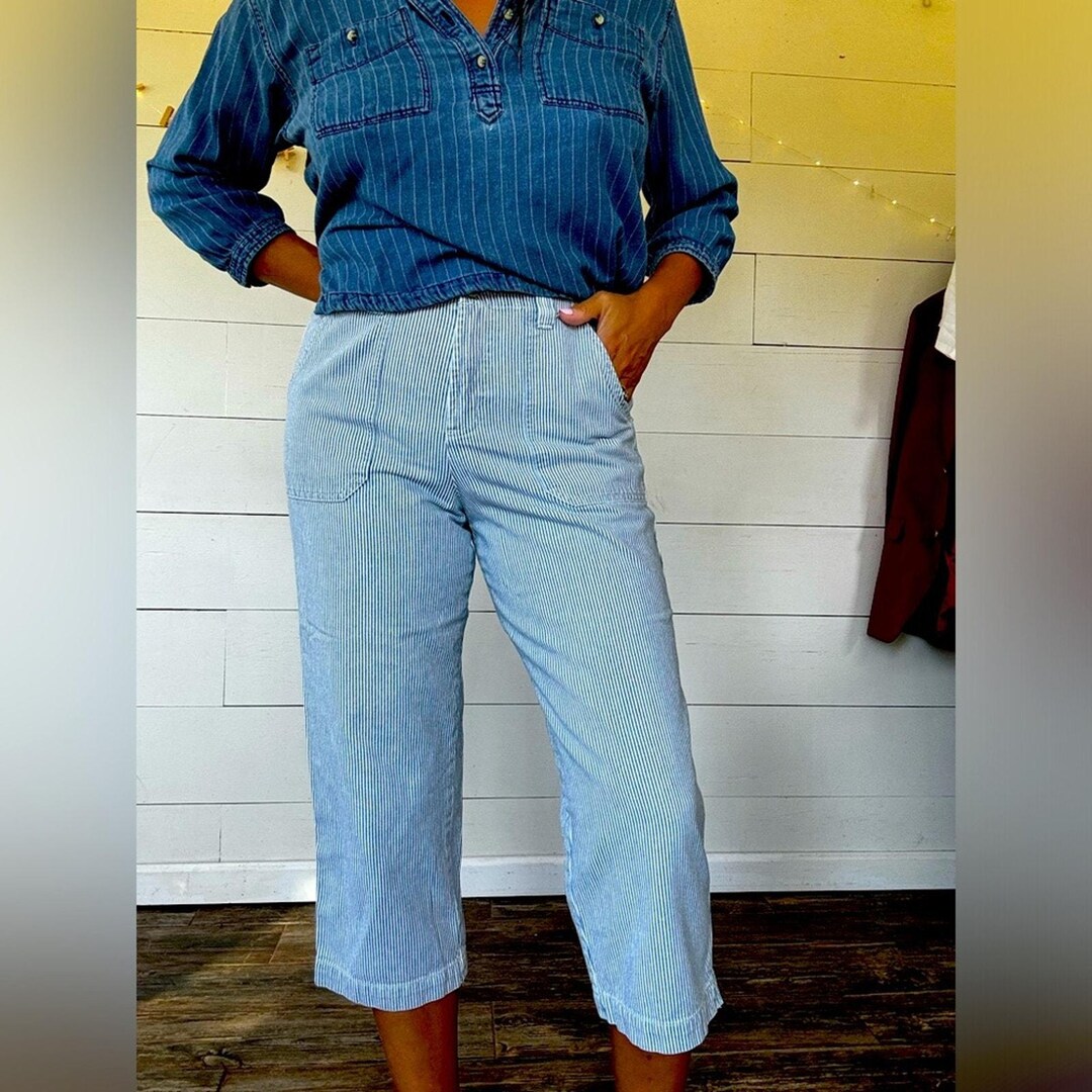 Pinstripe Vintage Blue and White Capris Wide Leg 90s - Etsy